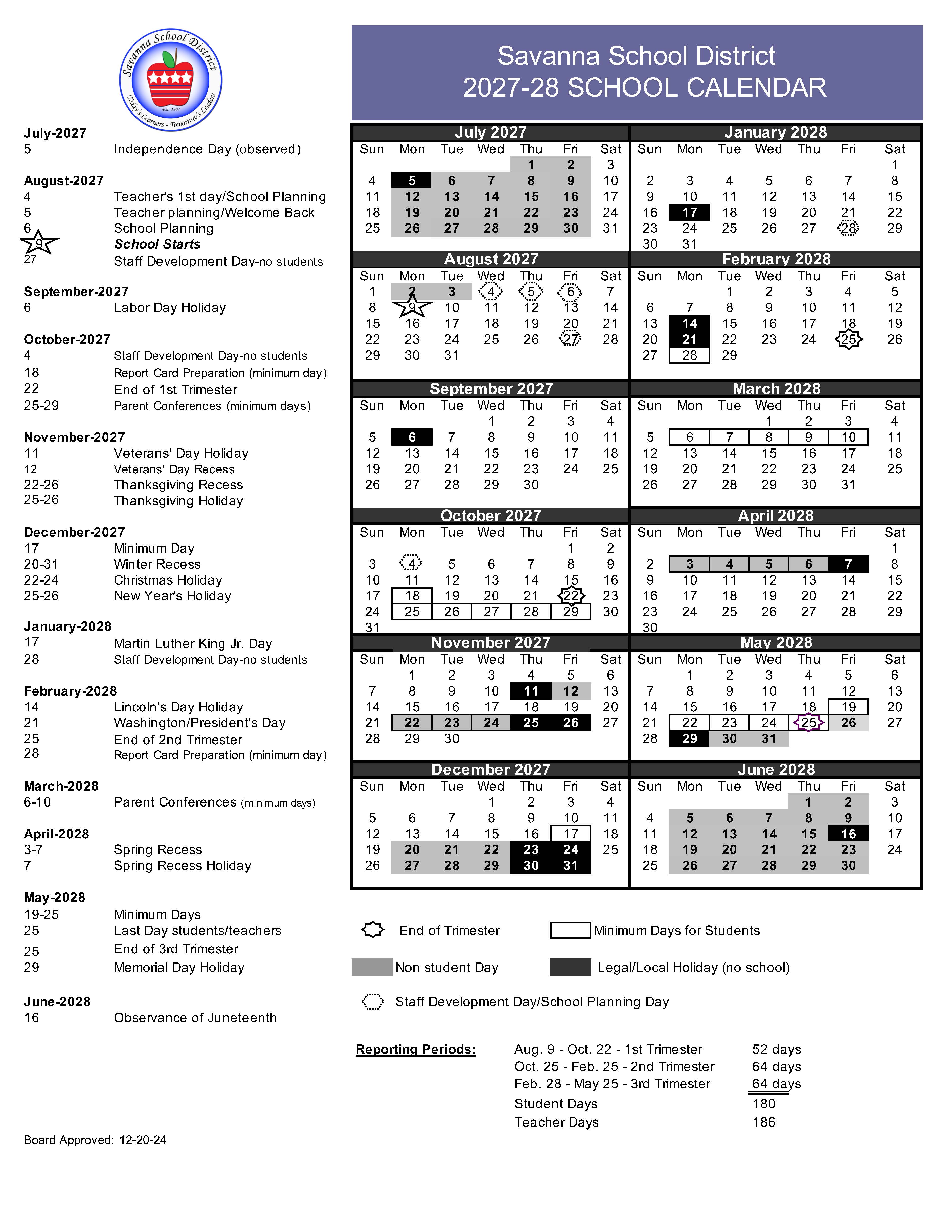 Savanna School District Academic Calendar
